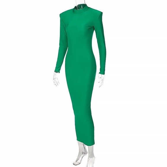 Dresses | Green Bodycon Long Sleeve Midi Dress With Shoulder Pad | Poshmark